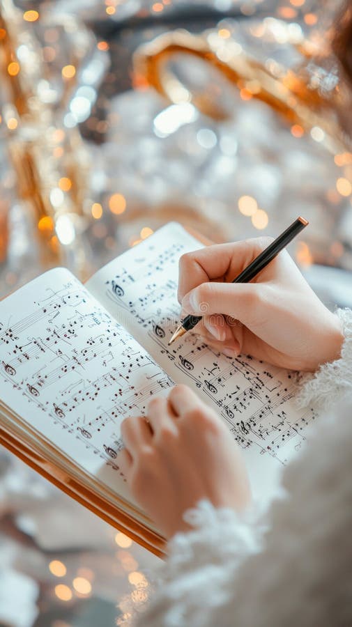 Composer Writing Music Notes in Notebook with Christmas Lights in ...
