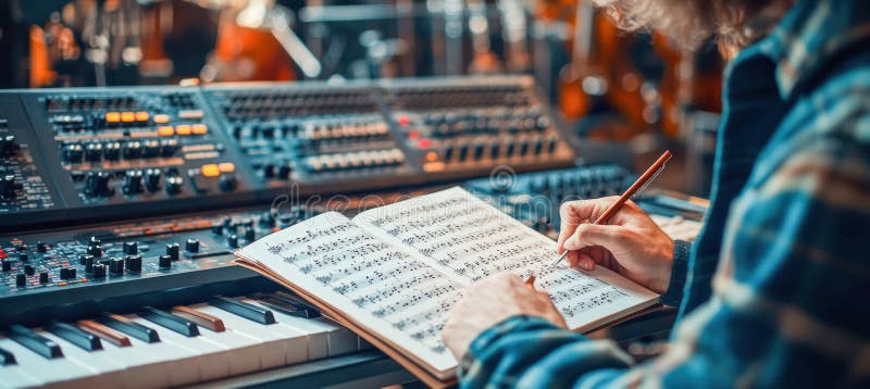 Composer Writing Music Notes and Using Synthesizer in Recording Studio ...