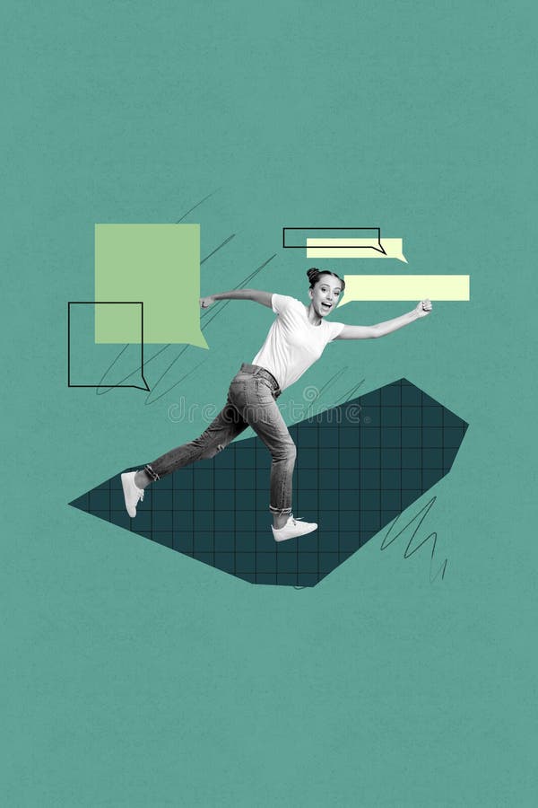 Composite Art 3d Creative Image Collage of Happy Girl Run Communication ...