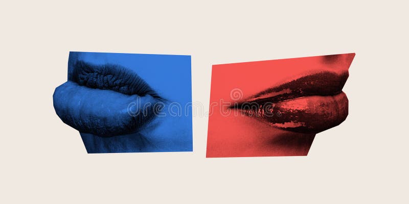Composite Artwork. Contrasting Lips in Blue and Red, Silently Pressed ...