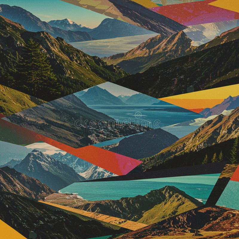 Composite Artwork Featuring Layered Mountain Landscapes with ...