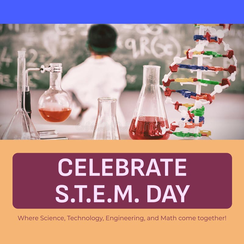 Composite of Celebrate Stem Day Text Over Laboratory Flasks and Dna Helix and Biracial Schoolboy ...