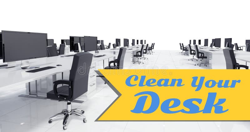 Composite of Clear Your Desk Text and Desktop with Table and Chairs ...
