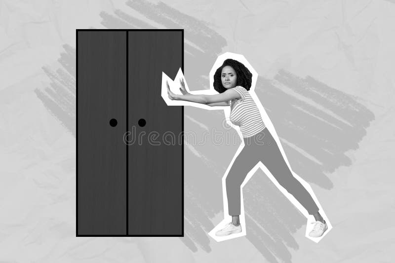 Composite Collage Image of Black White Effect Girl Push Huge Closet ...