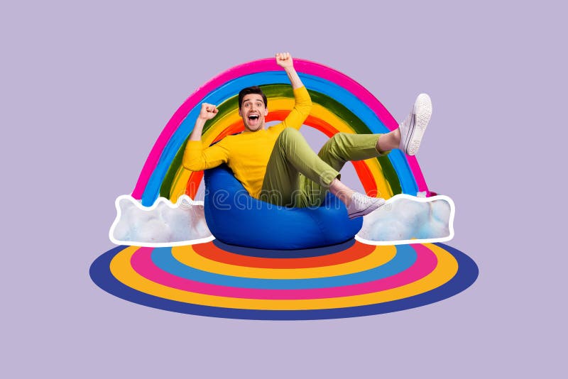 Composite Collage Image Of Excited Cheerful Carefree Young Man Sitting