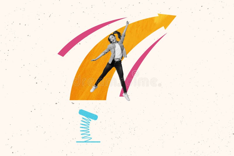 Composite Collage Image of Excited Mini Black White Effect Girl Jumping ...