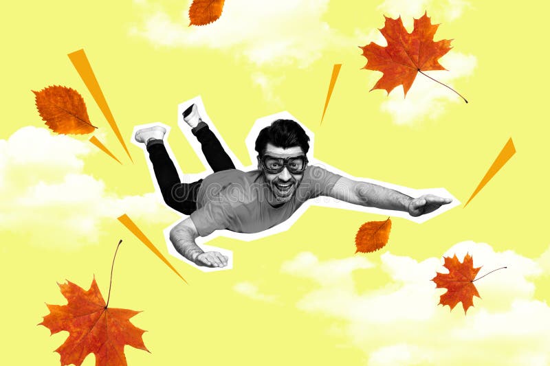 Composite Collage Image of Excited Mini Black White Effect Guy Flying Clouds Sky Fallen Leaves ...
