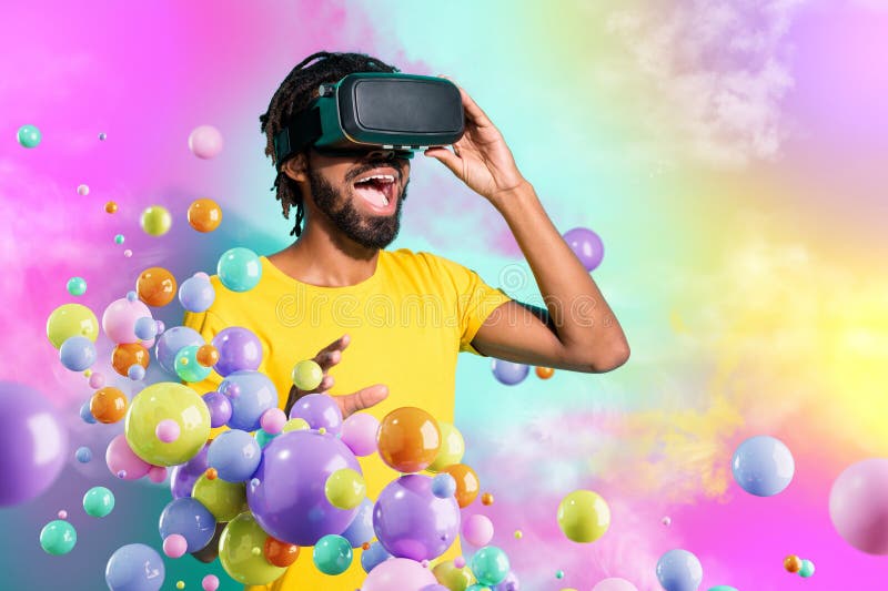 Composite Collage Picture of Excited Funky Guy Experience Virtual ...
