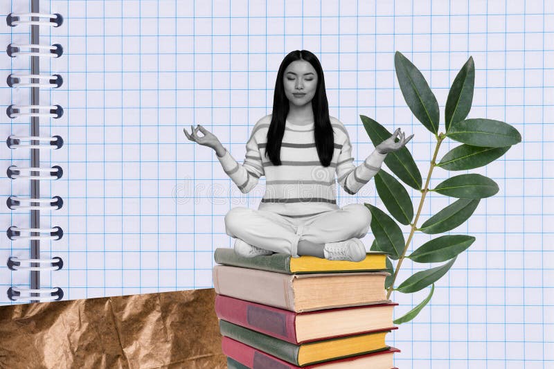 Composite Collage Picture Image of Mini Girl Meditate Pile Stack Book ...