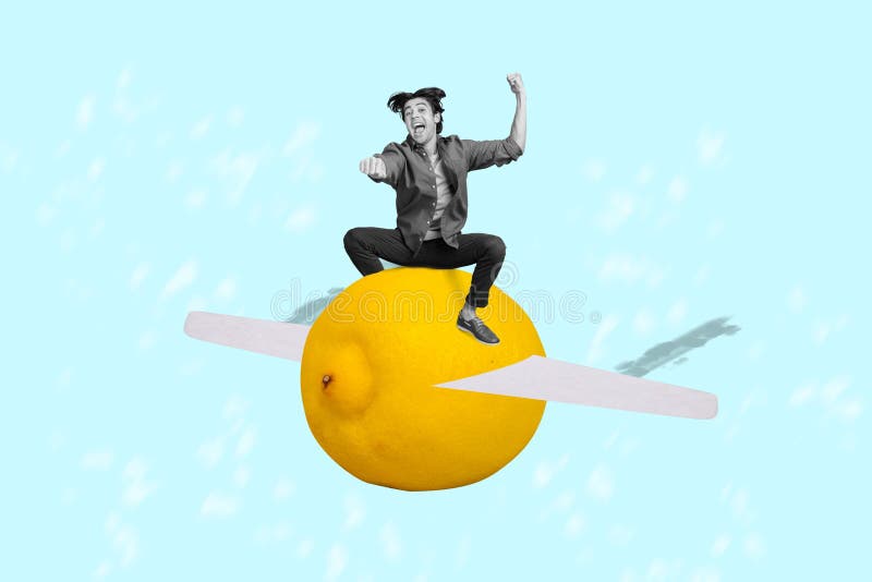 Composite Collage Portrait Of Excited Carefree Person Flying Big Lemon