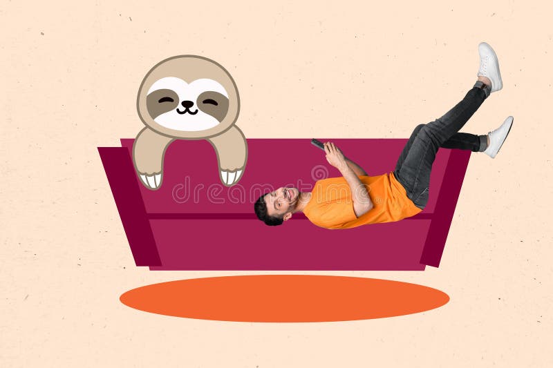 Composite Collage Portrait of Positive Lazy Guy Lay Couch Use Smart ...