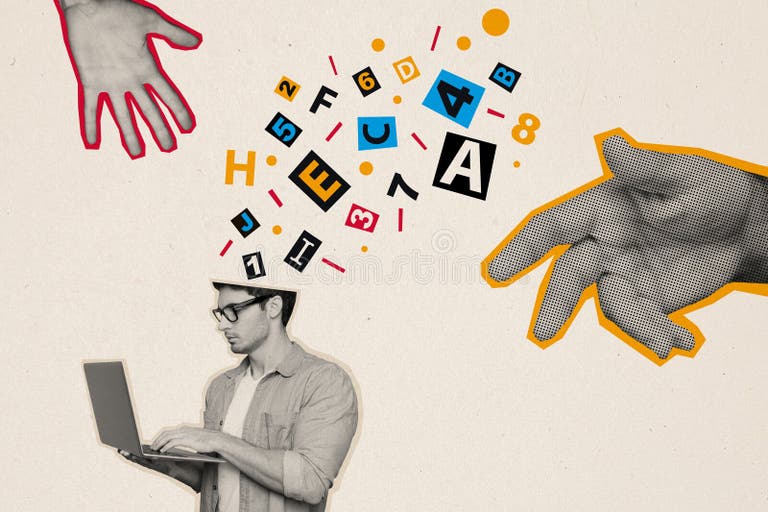 Composite Creative Photo Collage of Clever Young Specialist Programmer ...