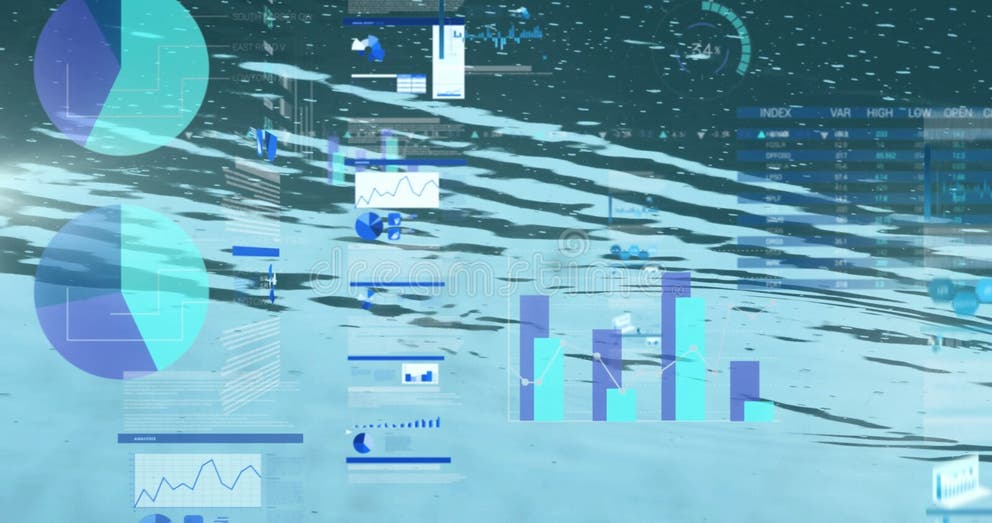 Composite Data Dashboard Floating Over Virtual Water Surface, with Pie ...
