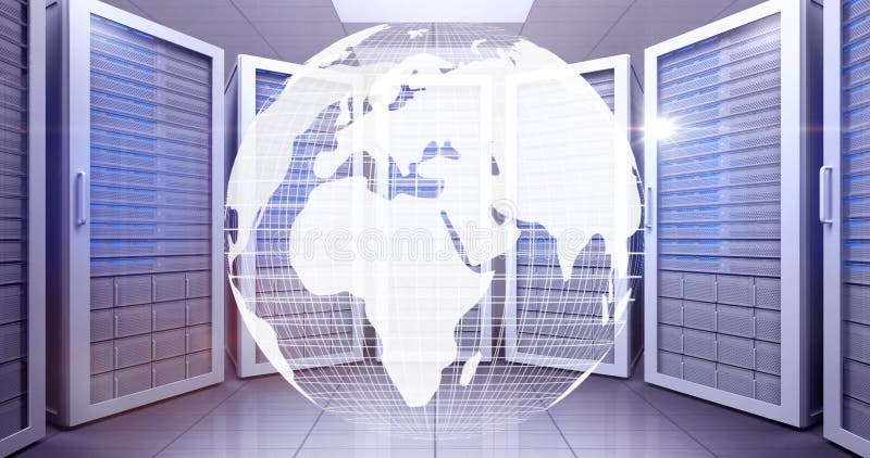 Composite of Digital Globe Over Operational Server Racks, Copy Space ...