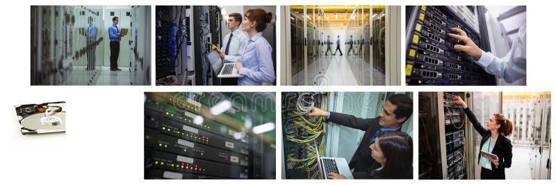 Composite of Eight Images with Processors and Technicians in Tech Room ...