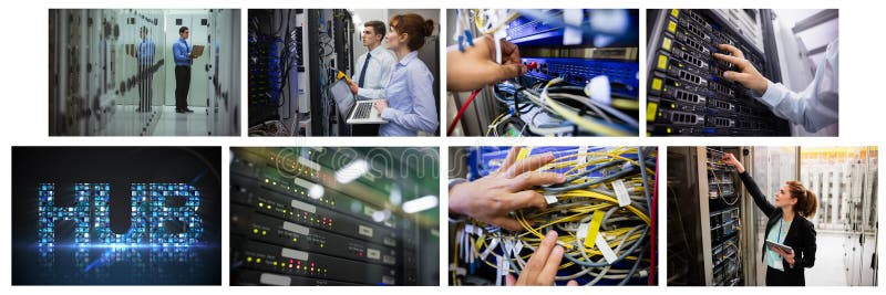 Composite of Eight Images with Processors and Technicians in Tech Room ...