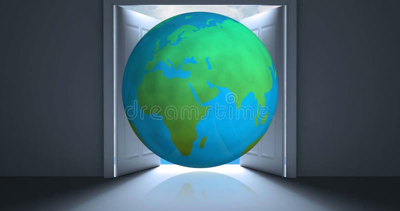 Composite of Globe in Front of Open Door in Empty Room, Copy Space ...
