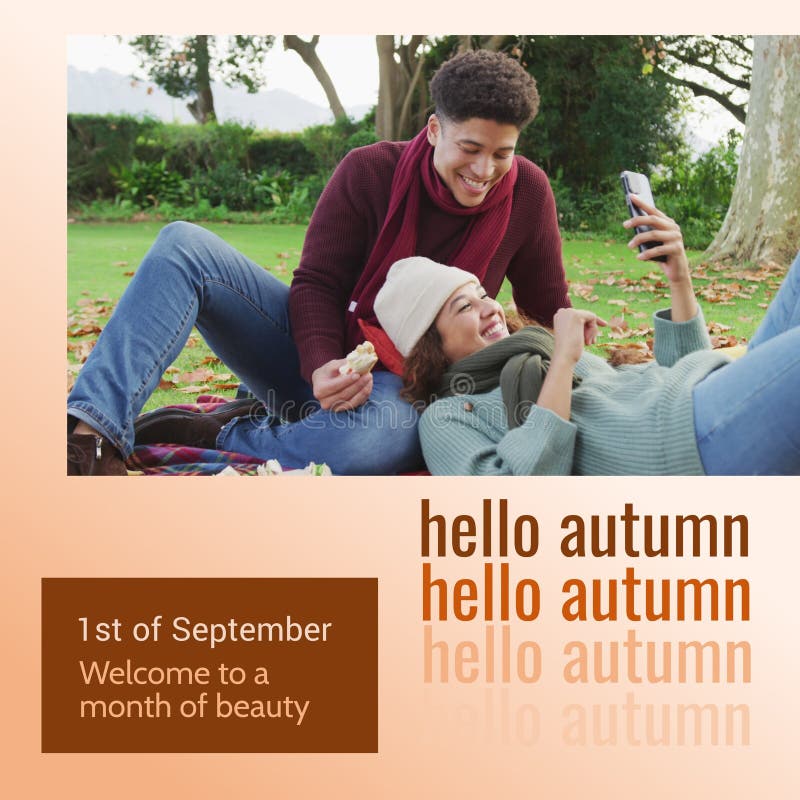 Composite of Hello Autumn Text Over Happy Diverse Couple in Autumn Park ...