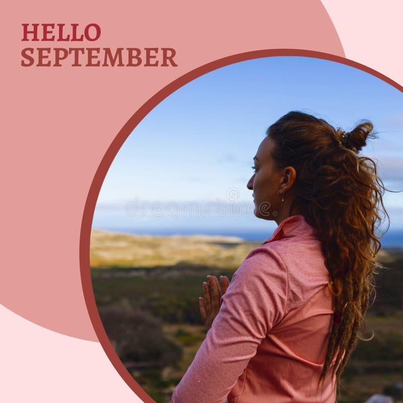 Composite of Hello September Text Over Caucasian Woman in Nature Stock ...