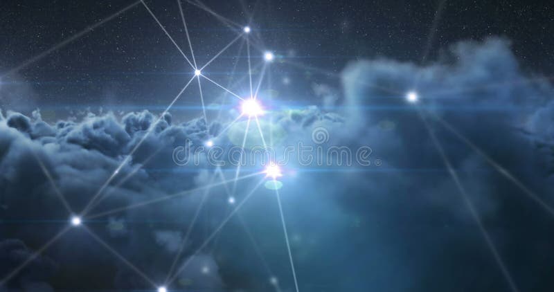 Composite of Illuminated Dots Connecting with Lines Over Cloudscape in ...
