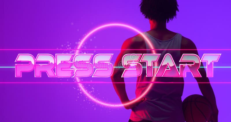 Composite of Illuminated Press Start Text with Circle Over Rear View of ...