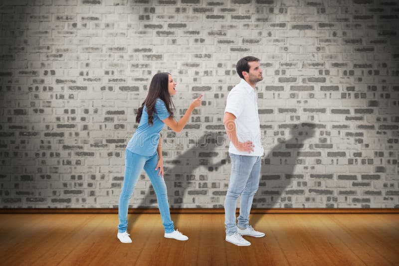 Composite Image of Angry Brunette Shouting at Boyfriend Stock Photo ...