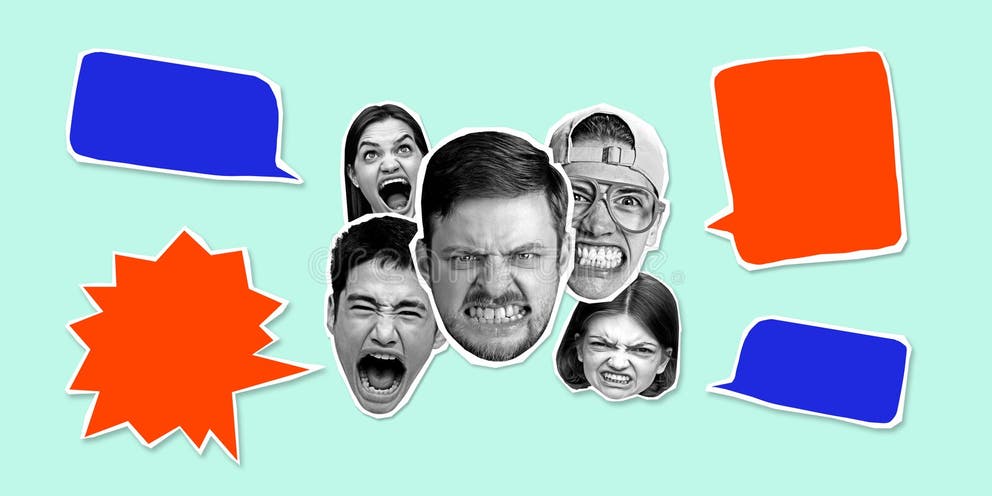 Composite Image. Angry Crowd of Faces Yelling Around Red and Blue ...