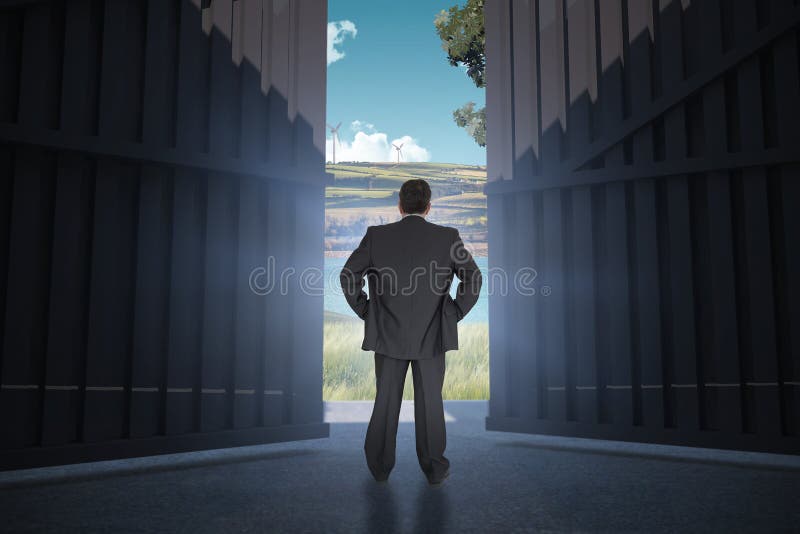 Composite Image of Businessman Standing Back To the Camera with Hands ...