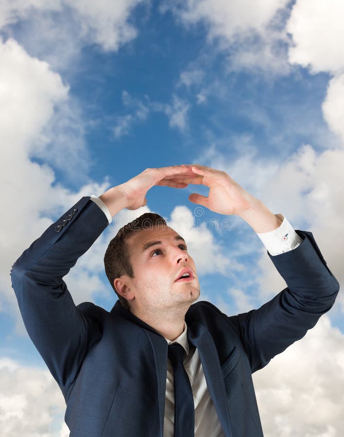 Composite Image of Businessman Standing with Hands Over Head Stock ...