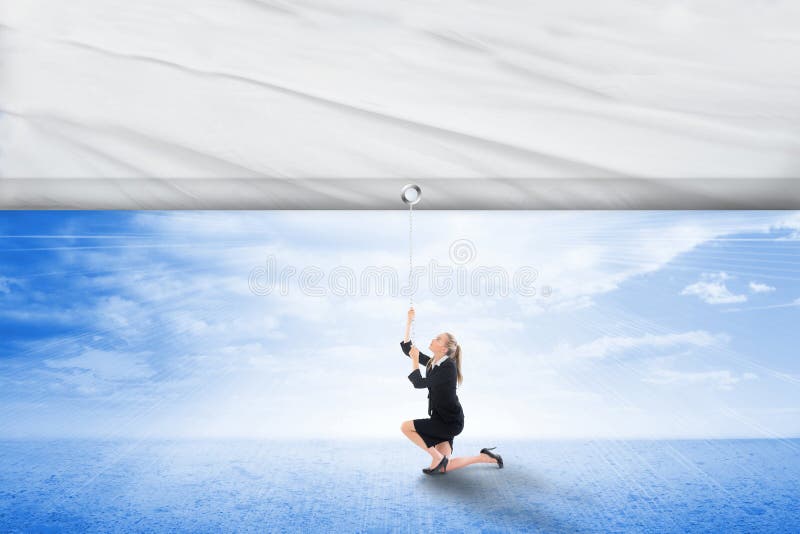 Composite Image of Businesswoman Pulling a White Screen Stock Image ...