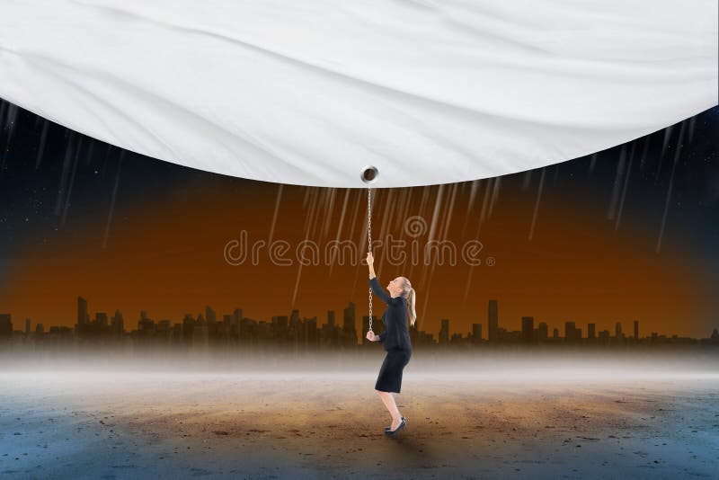 Composite Image of Businesswoman Pulling a White Screen Stock Photo ...