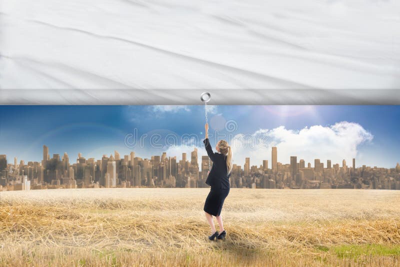 Composite Image of Businesswoman Pulling a White Screen Stock Image ...