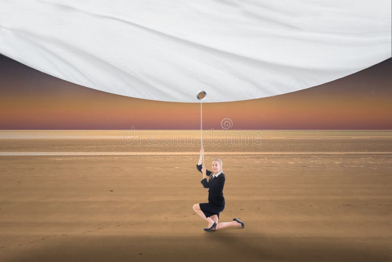 Composite Image of Businesswoman Pulling a White Screen Stock Image ...