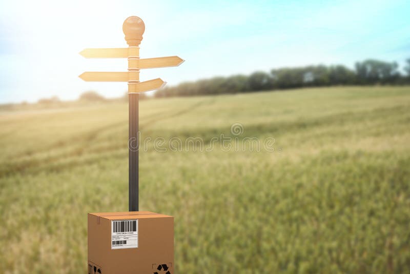 Composite Image of Cardboard Box by Road Sign Stock Illustration ...