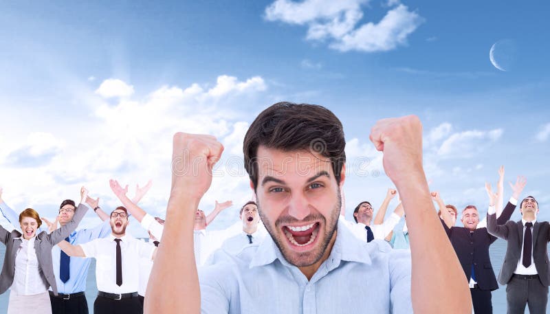 Composite Image of Cheering Man Looking at Camera Stock Image - Image ...