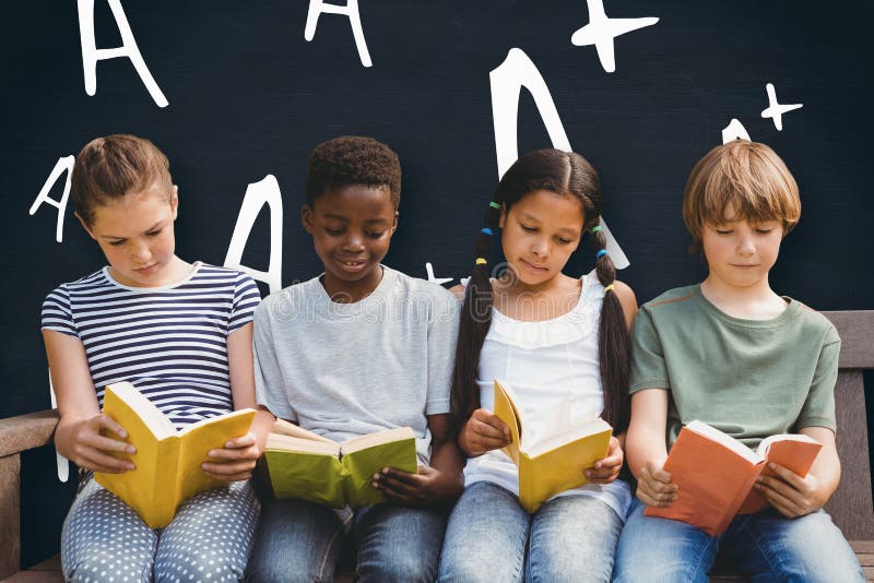 Composite Image of Children Reading Books at Park Stock Photo - Image ...