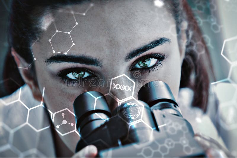 Composite Image of Close Up of a Scientist Posing with a Microscope ...