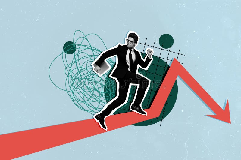 Composite Image Collage 3d Sketch Artwork of Young Businessman Run Look Back Failure Decrease ...