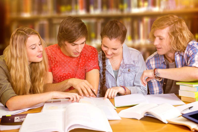 Composite Image of College Students Doing Homework in Library Stock ...