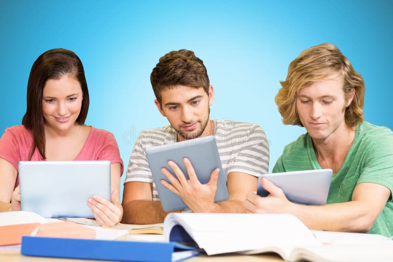 Composite Image of College Students Using Digital Tablets in Library ...