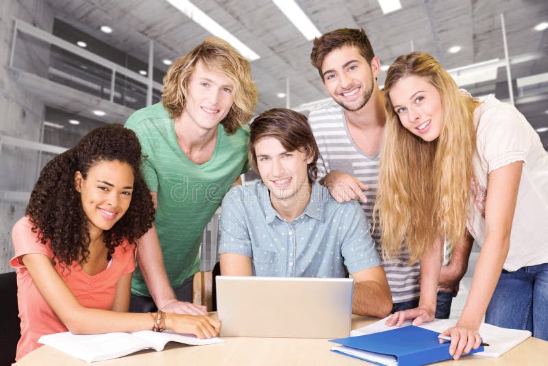 Composite Image of College Students Using Laptop in Library Stock Image ...