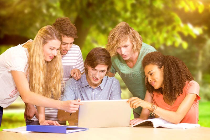 Composite Image of College Students Using Laptop in Library Stock Photo ...
