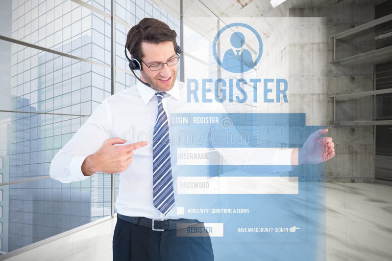 Composite Image of Confident Call Center Agent Pointing at Something ...
