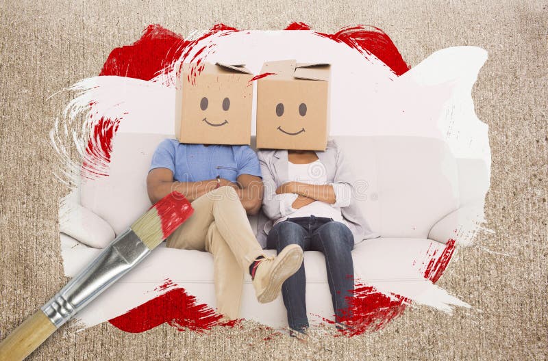 Composite Image of Couple Wearing Boxes on Head Stock Photo - Image of ...