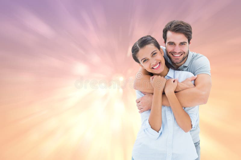 Composite Image of Cute Couple Smiling at Camera Stock Photo - Image of ...