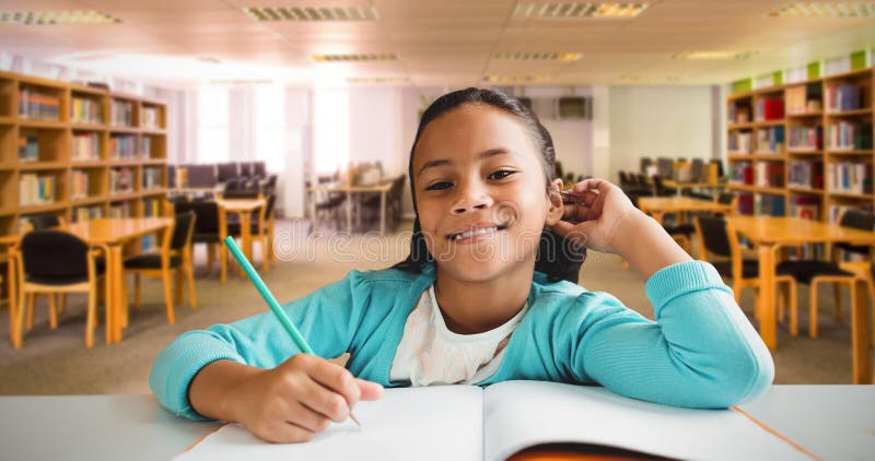 Composite Image of Cute Girl Writing in a Book Stock Image - Image of ...