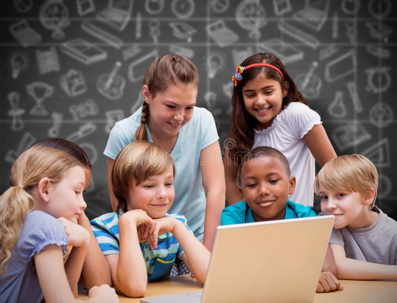 Composite Image of Cute Pupils Using Tablet Computer in Library Stock ...