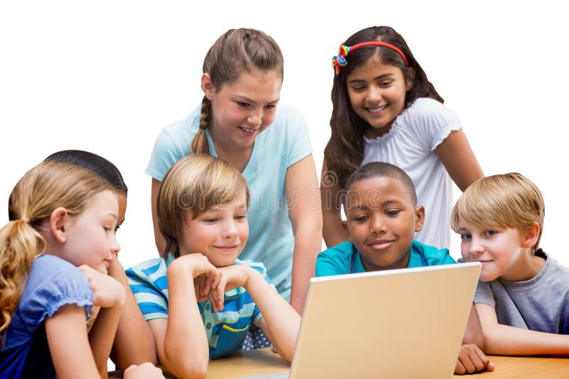 Composite Image of Cute Pupils Using Tablet Computer in Library Stock ...