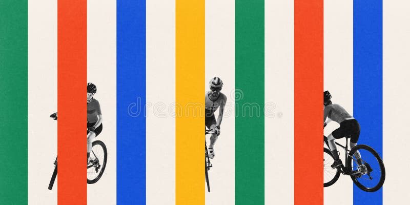 Composite Image. Cyclists Riding Behind Vertical Color Stripes ...