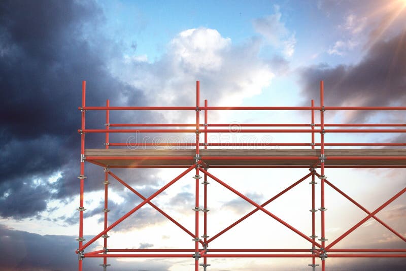Composite Image of 3d Image of Red Metal Structure with Plank Stock ...